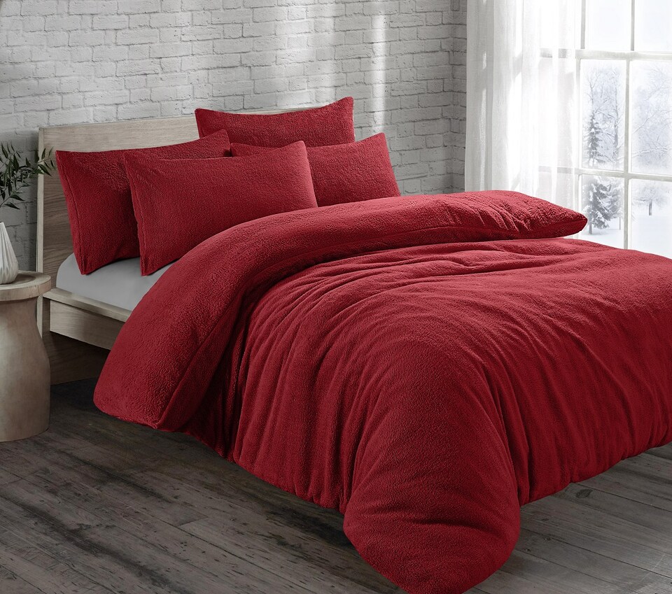Homes Linen Teddy Fleece Red Duvet Cover Set with Pillowcases Thermal ...