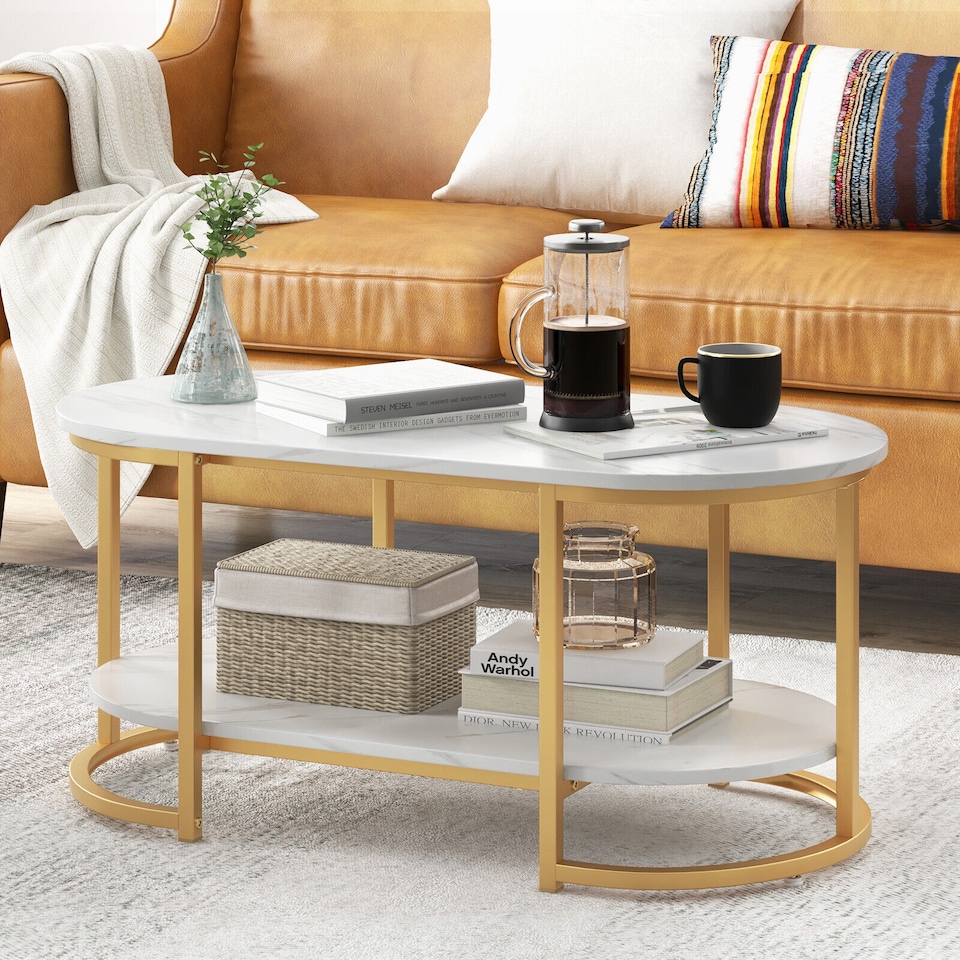 COSTWAY Marble Coffee Table Modern 2-Tier Center Table White - Tesco ...