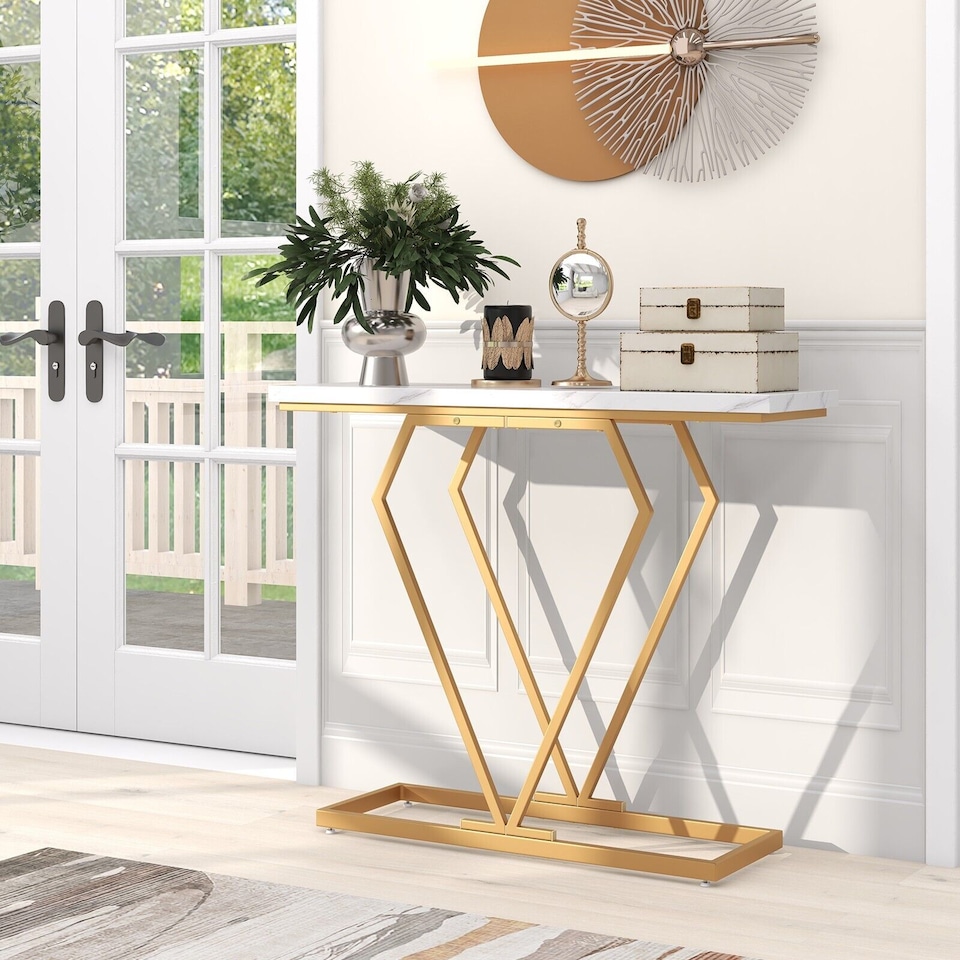 COSTWAY 100cm Modern Console Table Faux Marble White - Tesco Groceries