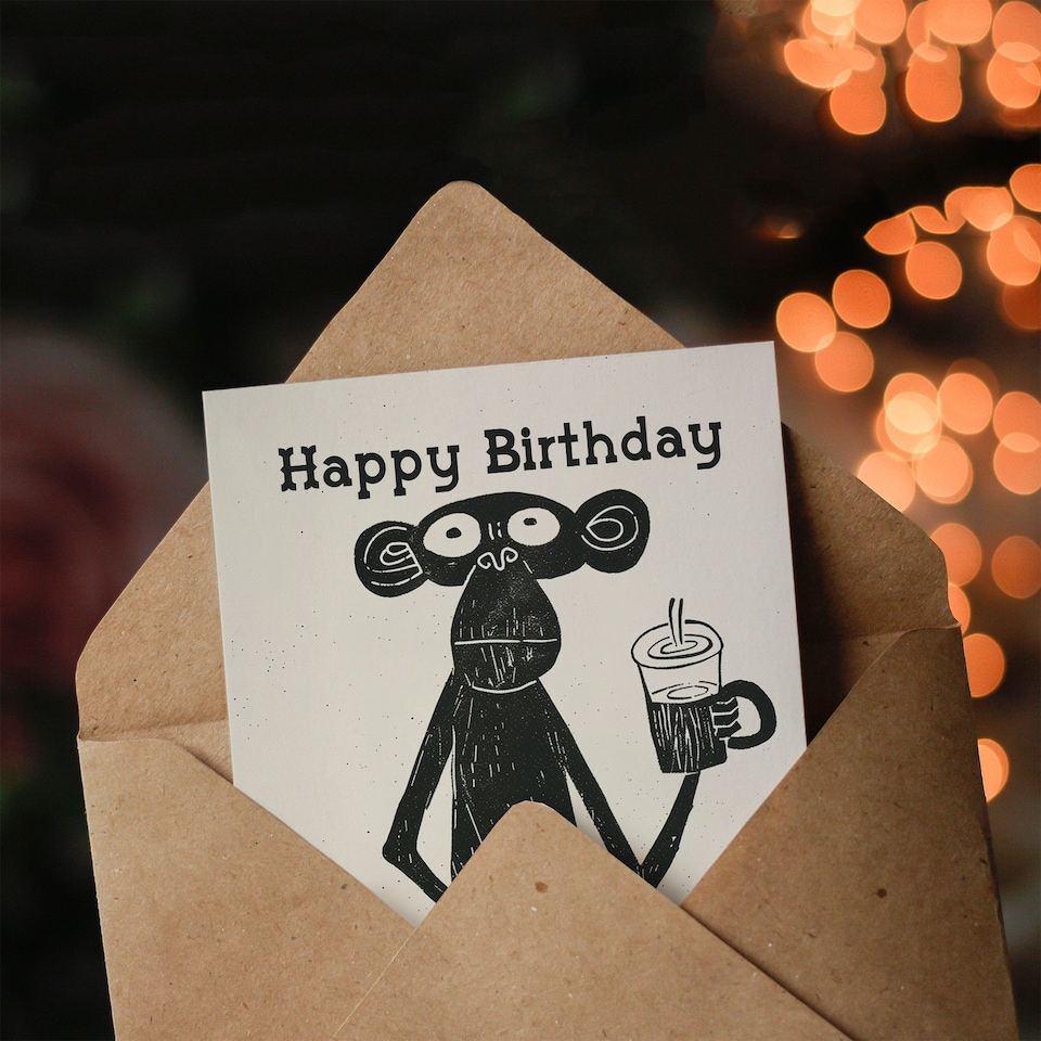 Coffee Lover Cartoon Monkey Chimp Black Birthday Card - Tesco Groceries