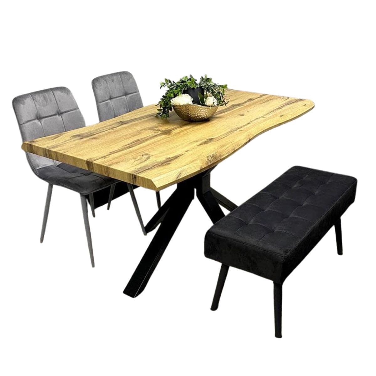 Dining Table with 2 Grey Velvet Chairs and Modern Black Bench Dining ...