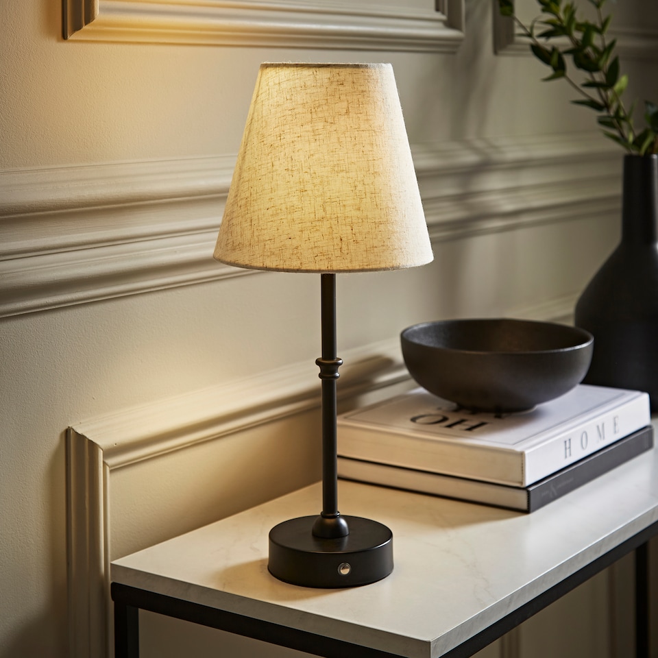 ValueLights Lowe Black Rechargeable Table Lamp with Linen Shade | Black ...