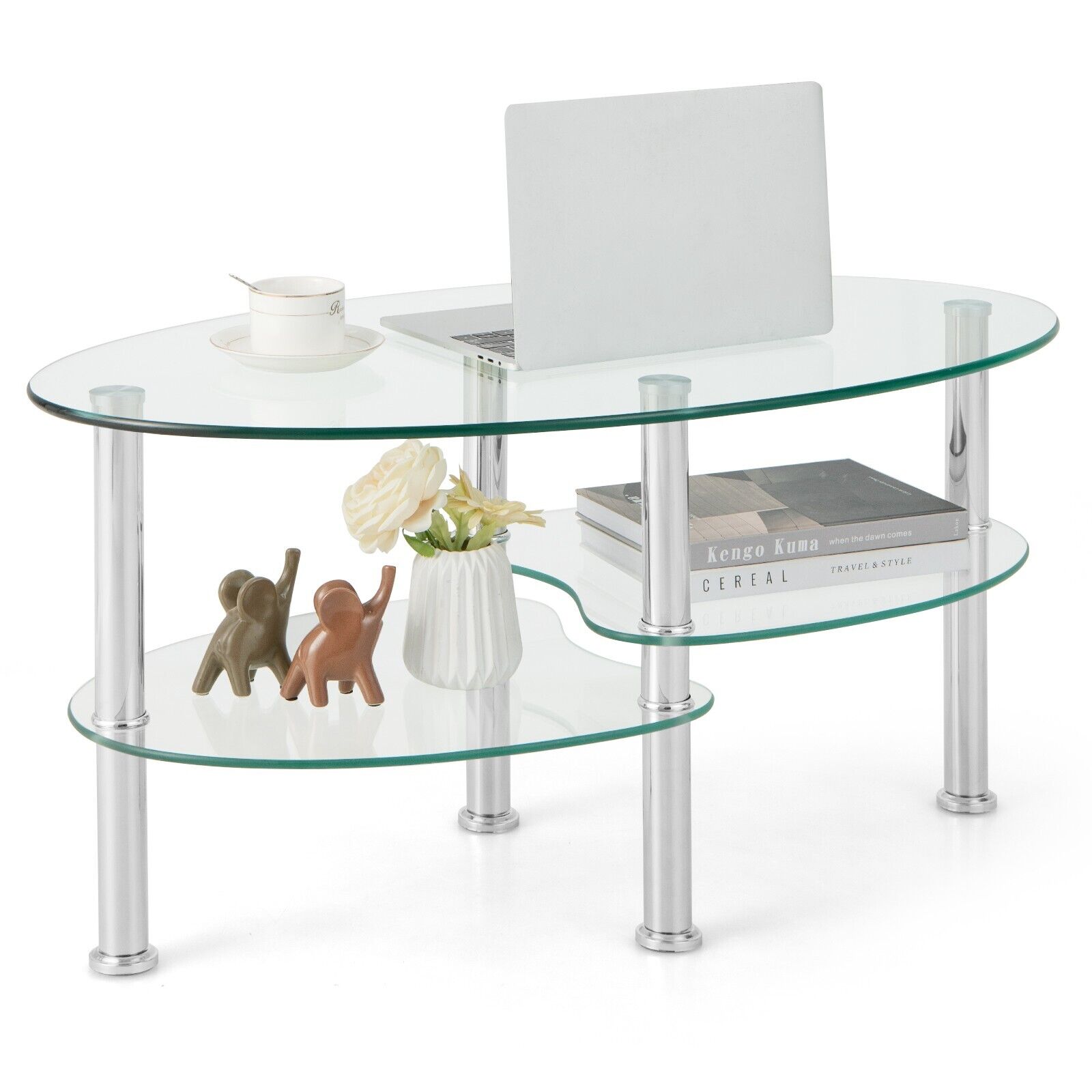 COSTWAY 3 Tire Modern Oval Tea Table Smooth Glass Coffee Table Sofa End ...