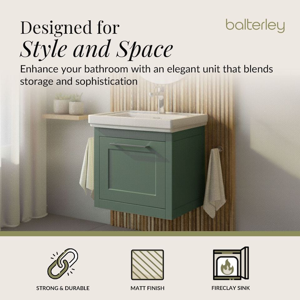 Wall Hung 1 Drawer Vanity Unit & 1TH Fireclay Basin, 500mm, Green ...