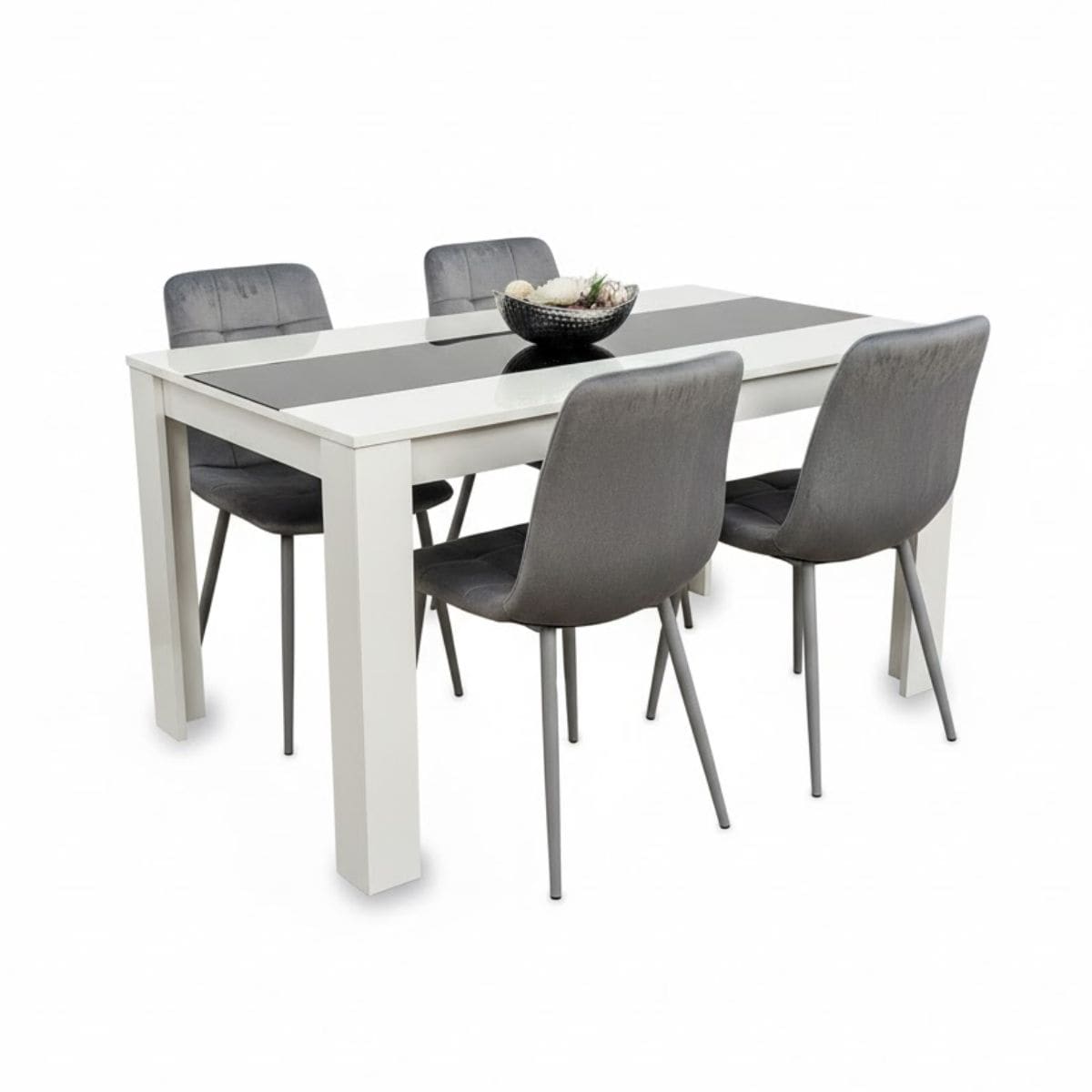 Dining Table Set White And Black Table With 4 Grey Velvet Chairs Dining ...