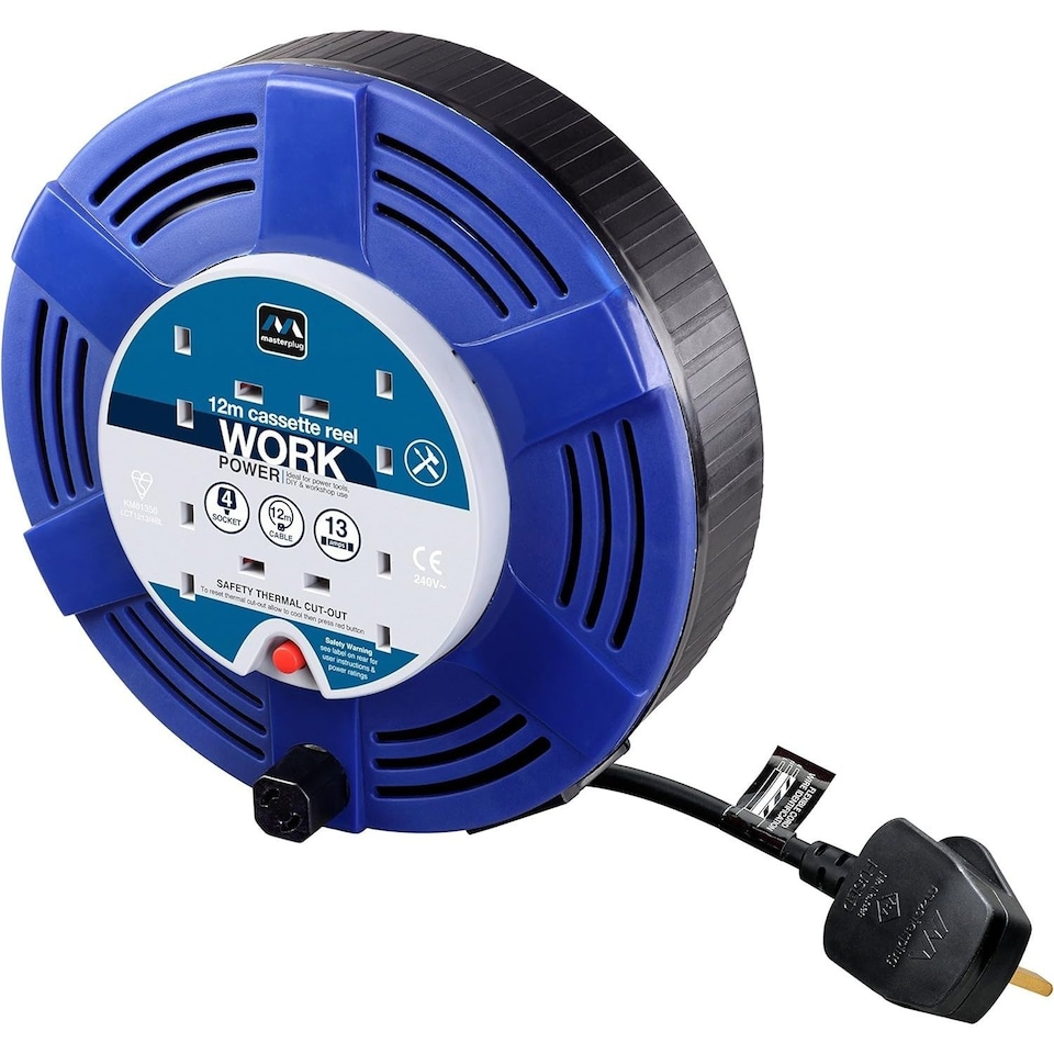 Masterplug 4 Socket 12 Metres Extension Lead Cassette Reel Cable Drum ...