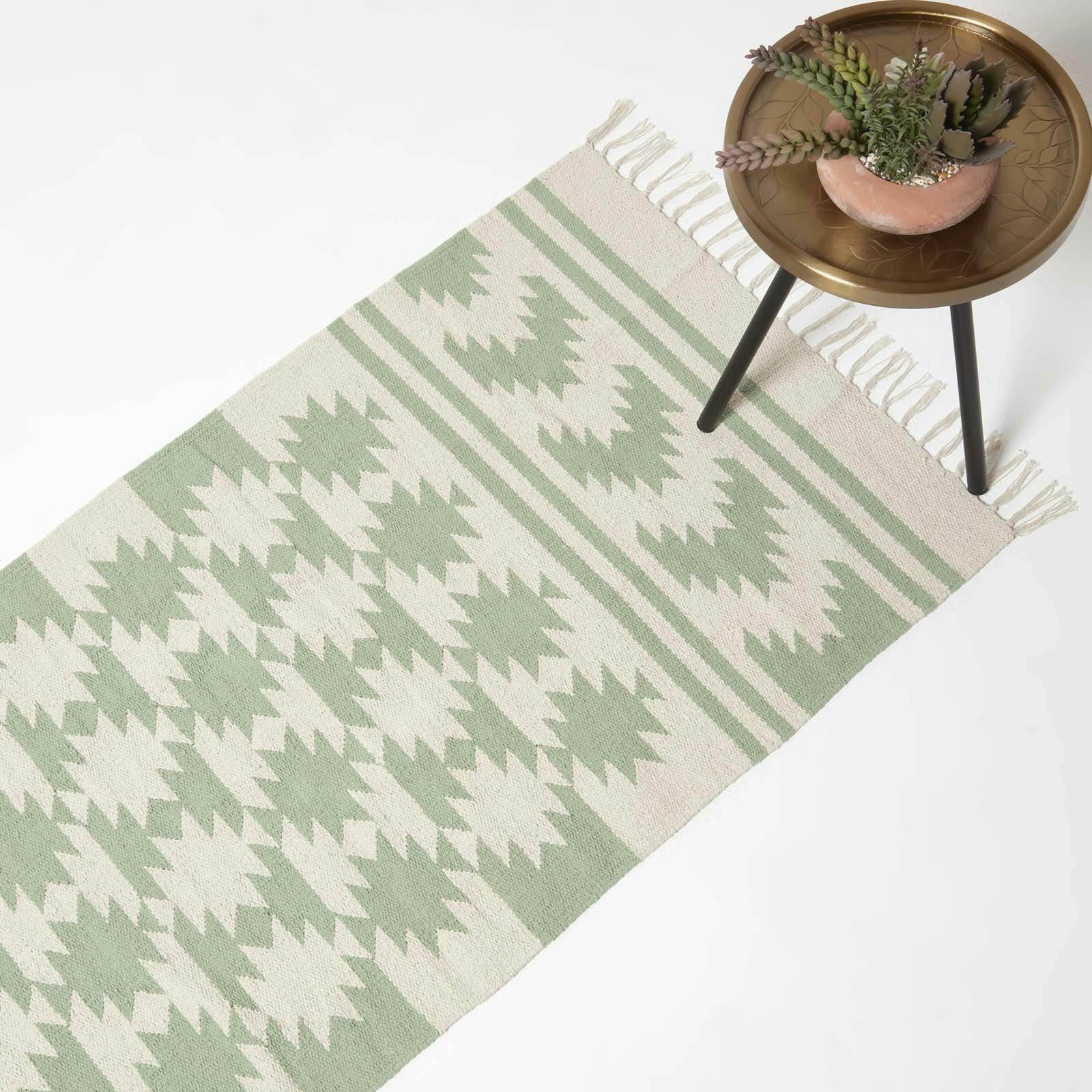 Homescapes Turin Green and Natural Kilim Cotton Hallway Runner Rug - 66 ...