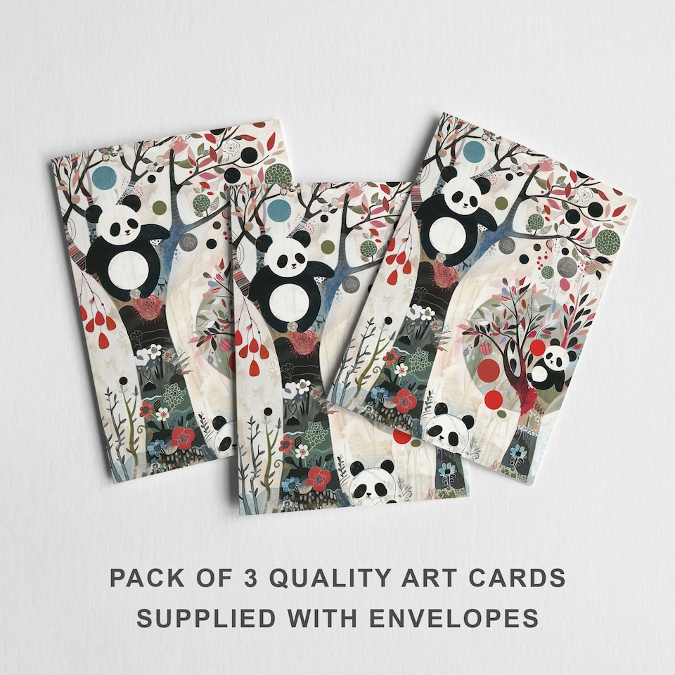 Panda Bears Trees Greeting Card Colourful Folk Art Any Occasion Set of ...