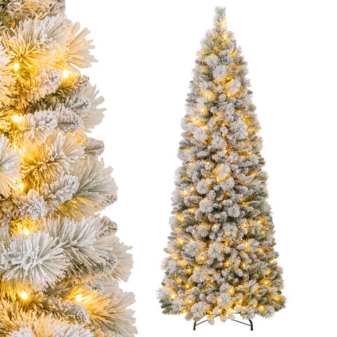 COSTWAY 7FT Pre-Lit Artificial Christmas Tree Pop up Snow Flocked Xmas ...