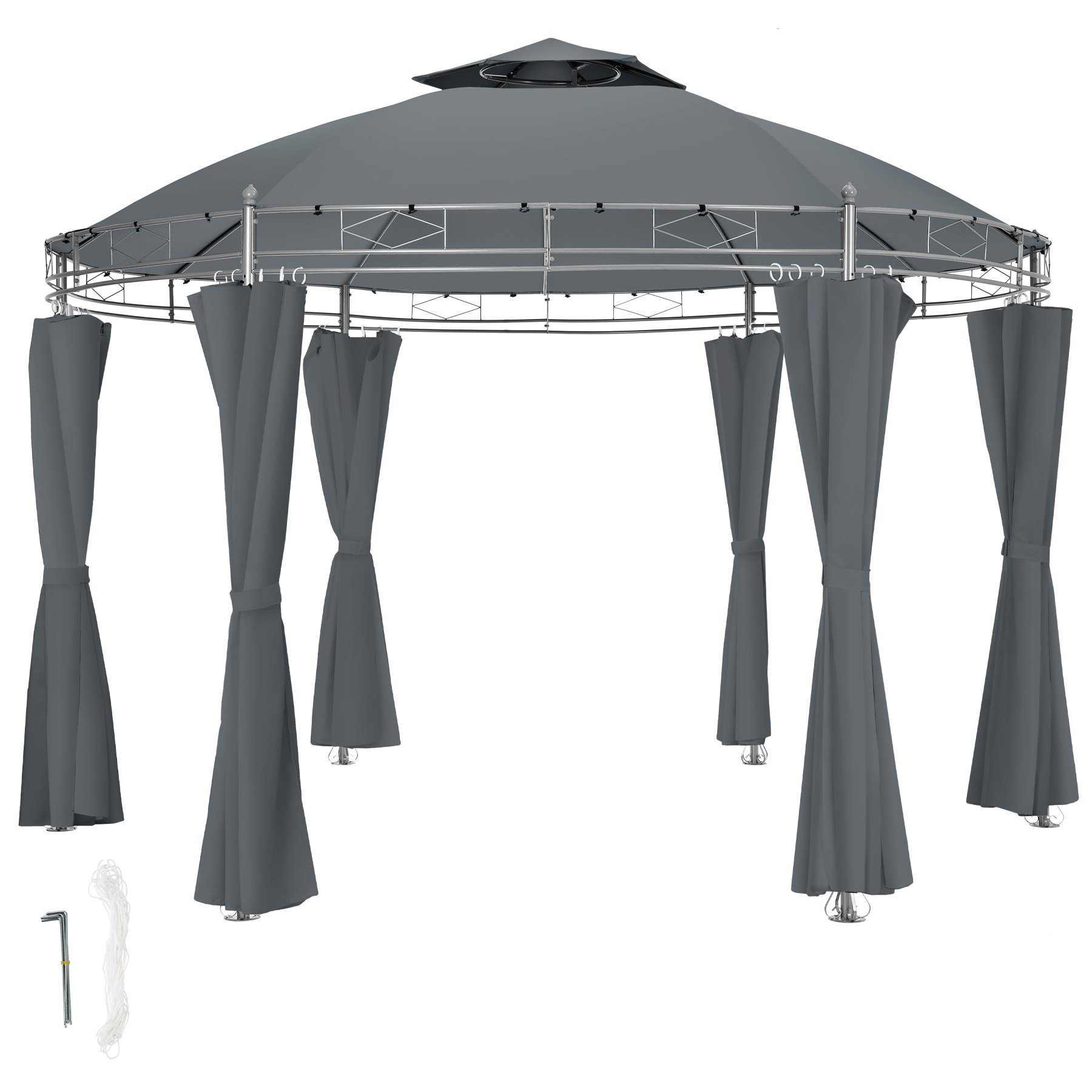 Gazebo Siana - 3.5 m diameter, water-repellent, 6 side panels, double ...