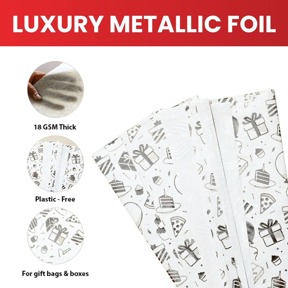 Pack of 30 Birthday Luxury Silver Metallic Plastic-Free 18gsm Tissue ...