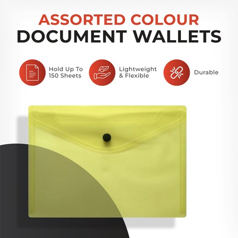 Pack of 20 A4 Assorted Colour Plastic Document Wallets Stud Button ...
