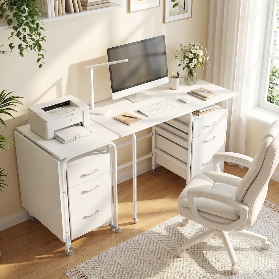 COSTWAY Folding Desk with 3 Drawers Convertible Computer Desk with ...
