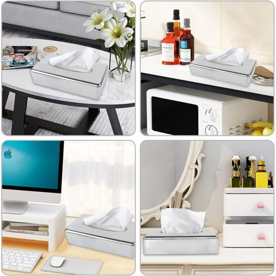 Silver Rectangular Tissue Box Holder with Mirror for Home, Office and ...