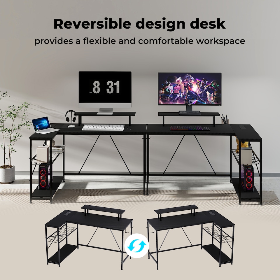 Levede L-Shaped Gaming Desk Computer Table with RGB Lights Power ...