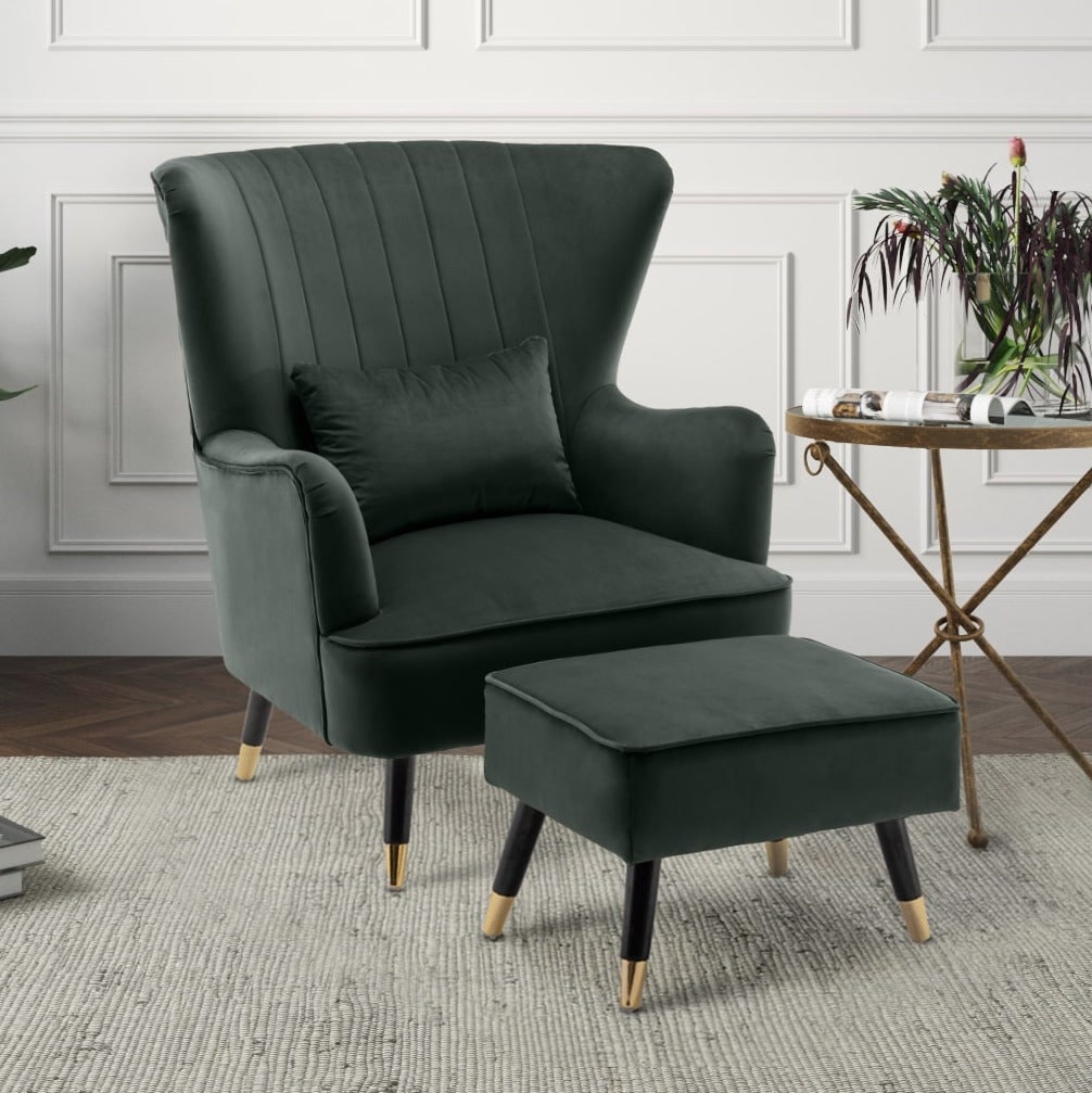 Velvet Bottle Green Camila Accent Wingback Chair with Footstool - Tesco ...