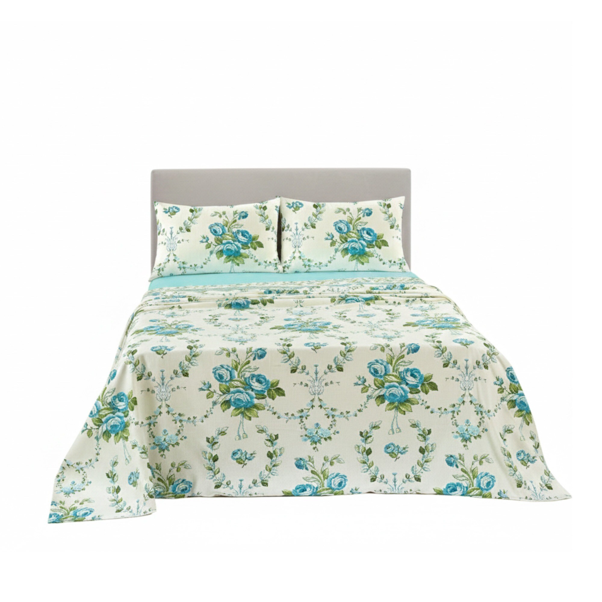 Soft Floral Brushed Cotton Fitted Flat Sheet And Matching Pillowcases ...