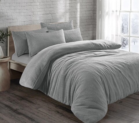 Homes Linen Teddy Fleece Silver Duvet Cover Set with Pillowcases ...