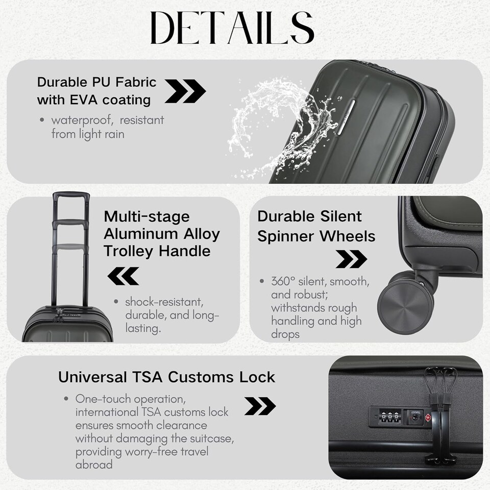 Premium Cabin Suitcase with Laptop Pocket Coal PC Shell 4 Wheel TSA ...