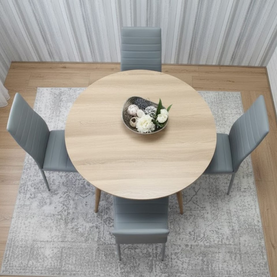Modern Round Dining Table With 4 Grey Faux Leather Chairs Kitchen ...
