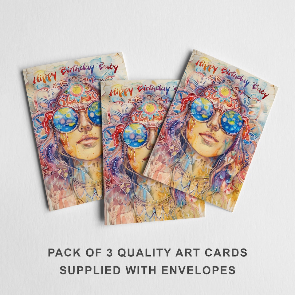 Hippy Woman Birthday Card Mandala Watercolour 3 Pack Greeting Cards ...