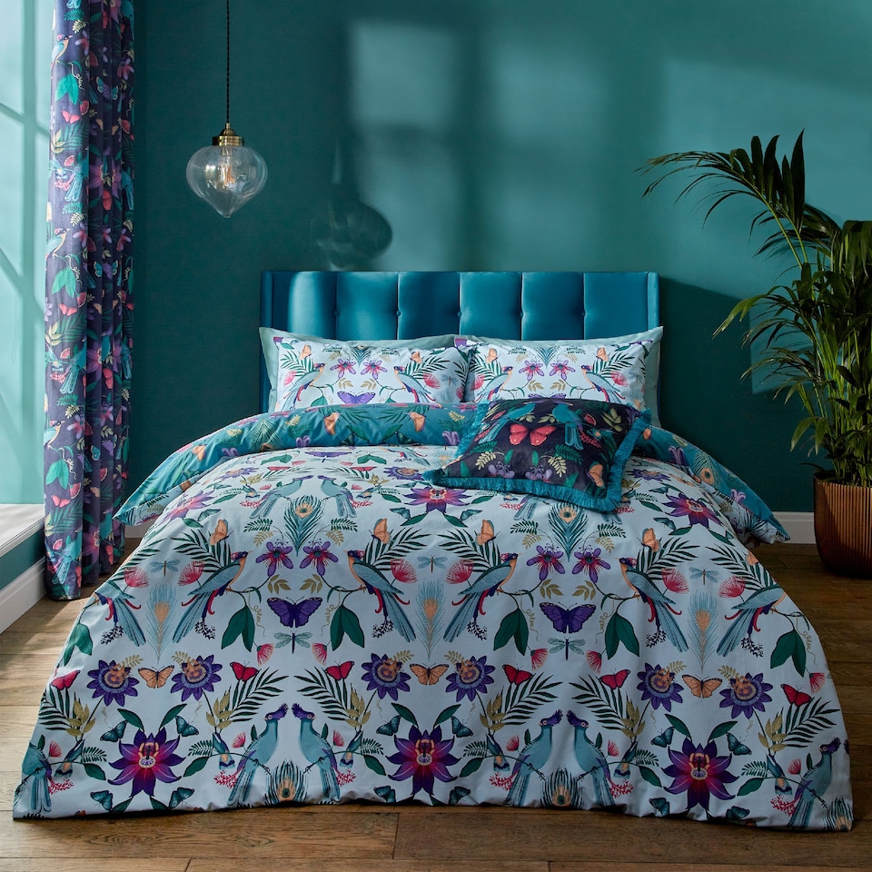 Mya Tropical Floral Reversible Duvet Cover Set | Blue | Duck Egg Blue ...