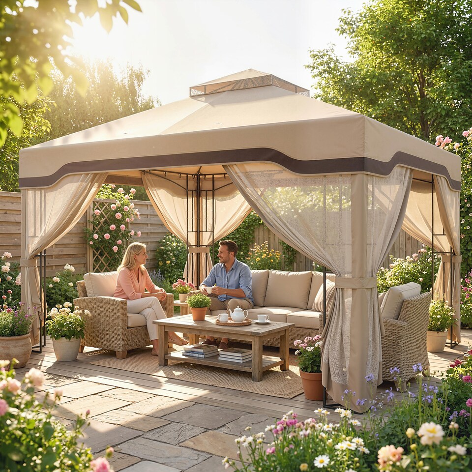 Outsunny 3 x 3.6 m Garden Gazebo with Shelves, UPF50+ Permanent Gazebo ...