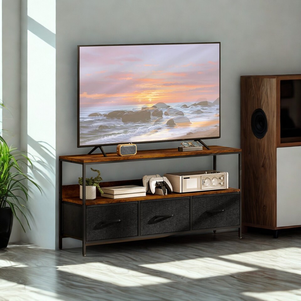 Industrial TV Stand Unit With 3 Storage Drawers Rustic - Tesco Groceries