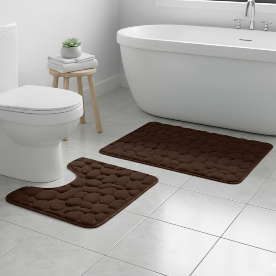 2 Piece Pebble Design Memory Foam Bath Mat Set Soft Absorbent Non-Slip ...