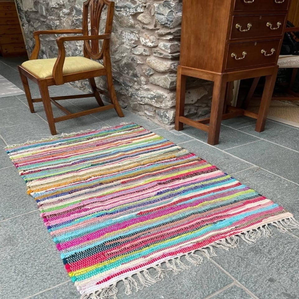 SHANTI Shabby Chic Rag Rug Multicolour Flat Weave Design (SHANTI120X120 ...