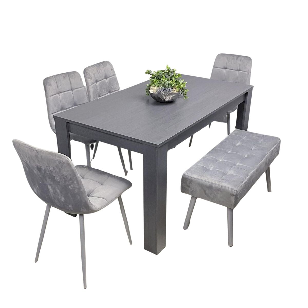 Wood Dining Table Set with Bench and 4 Grey Velvet Chairs - Tesco Groceries