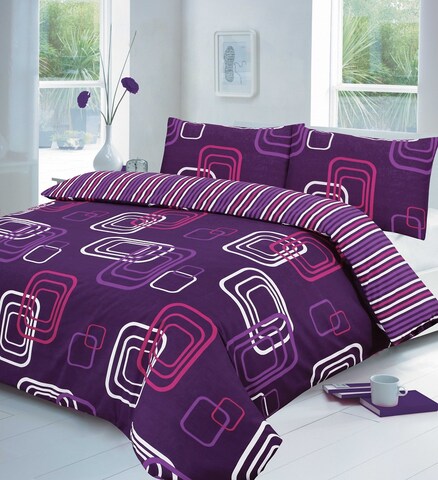 Homes Linen Blake Aubergine Geometric Duvet Cover Set Reversible Stripe ...