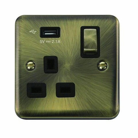 SE HOME Curved Antique Brass 1 Gang 13A DP Ingot 1 USB Switched Plug ...