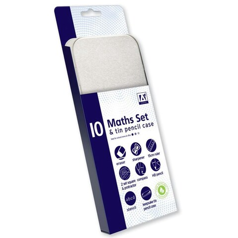 10 Piece Maths Set and Tin Pencil Case - Tesco Groceries