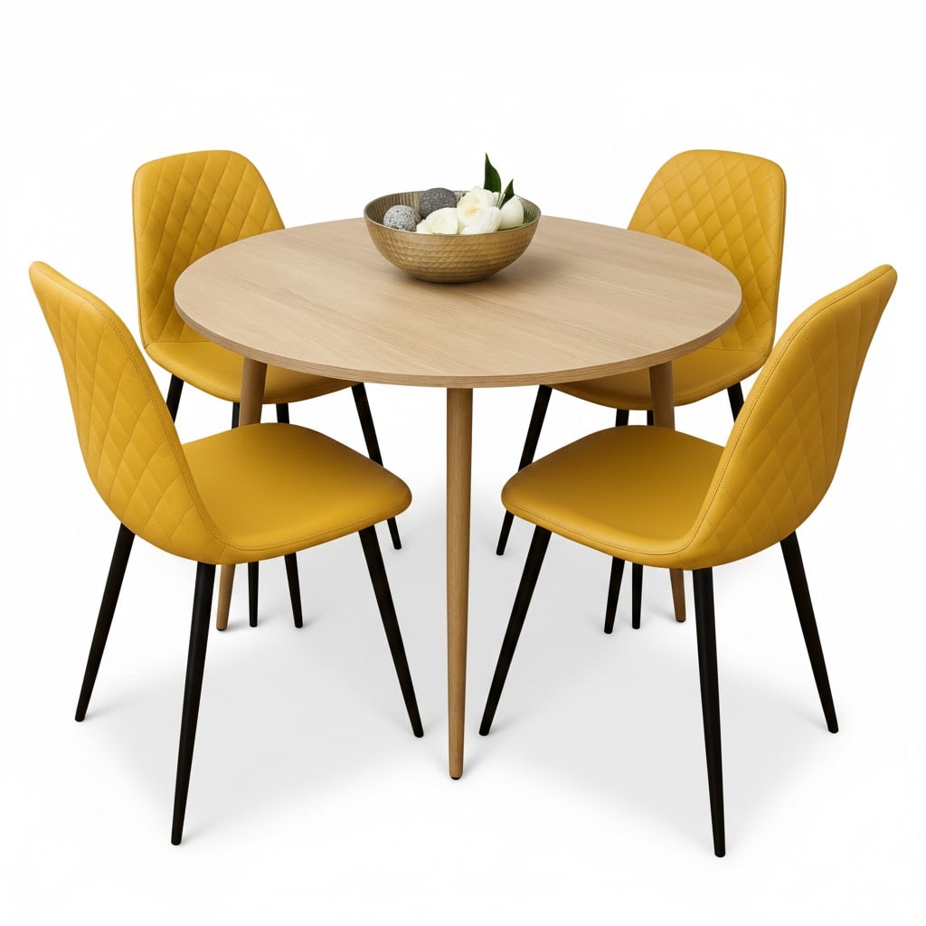 Round Dining Table Set With 4 Mustard Faux Leather Chairs Dining Room ...