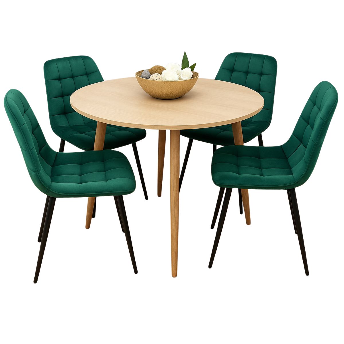 Modern Round Dining Table Set With 4 Green Velvet Chairs Dining Room ...