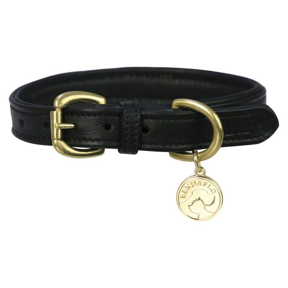 Benji & Flo Deluxe Leather Padded Dog Collar - Black/Brass - M- Length ...