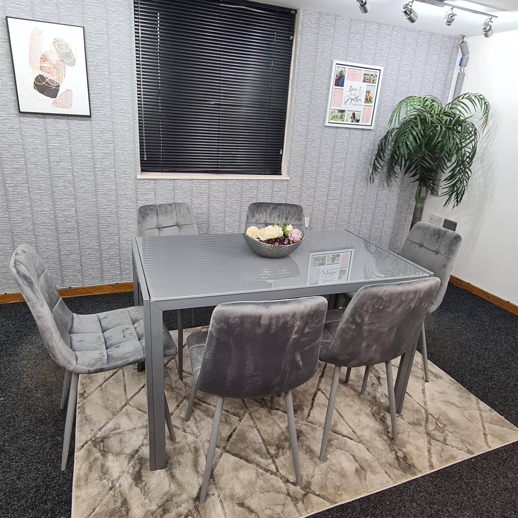 Modern Rectangle Grey Glass Dining Table Set With 6 Grey Velvet Chairs ...