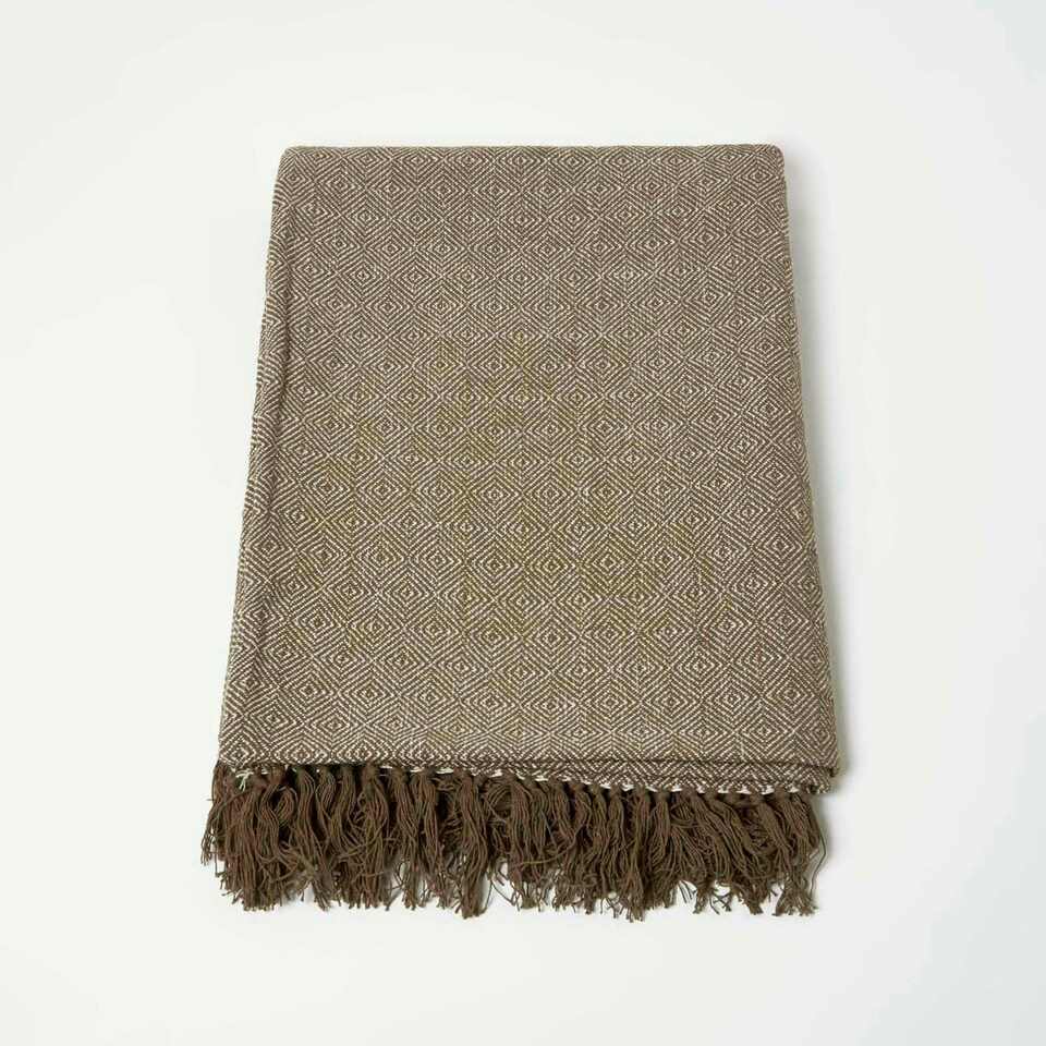 Homescapes Malda Brown and Natural Cotton Throw with Tassels - 225 x ...