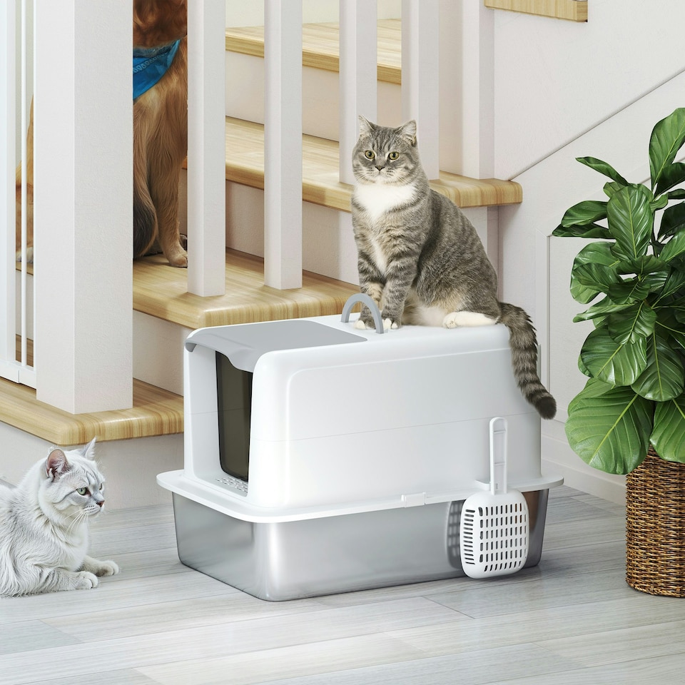 PawHut Stainless Steel Cat Litter Box with Removable Lid, Scoop | White ...