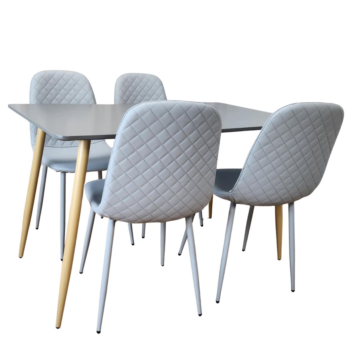 Dining Table Set of 4 Wooden Grey Table with 4 Grey Gem Patterend ...