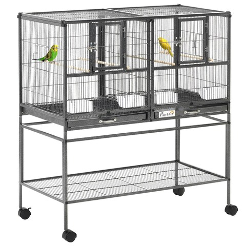 PawHut Double Rolling Bird Cage with Removable Metal Tray and Storage ...