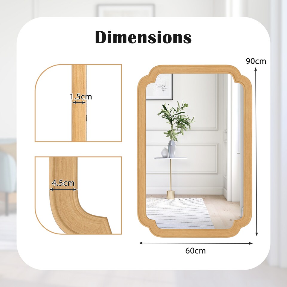 COSTWAY Rounded Corner Wall Mirror 90x60 cm Farmhouse Decorative Mirror ...