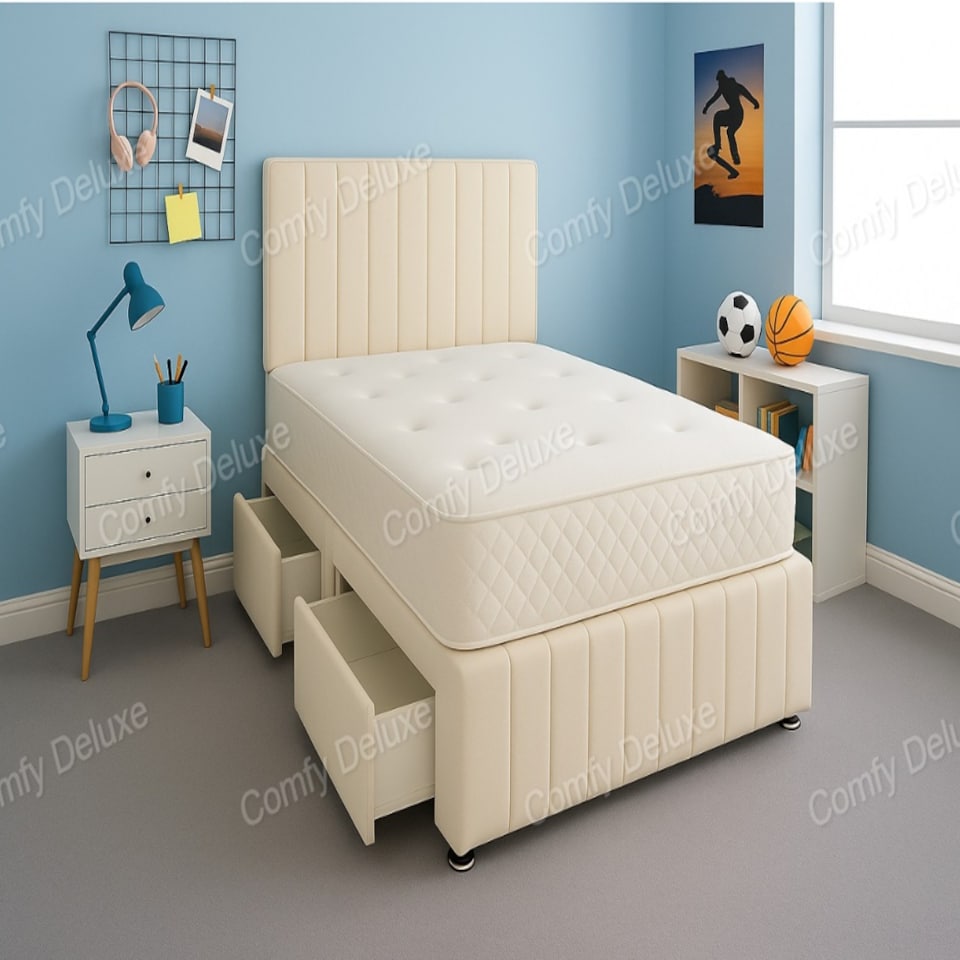 Cream Plush 3ft Single Divan Bed Set Headboard & Footboard - 2 Drawers Left Side Laying in Bed ...