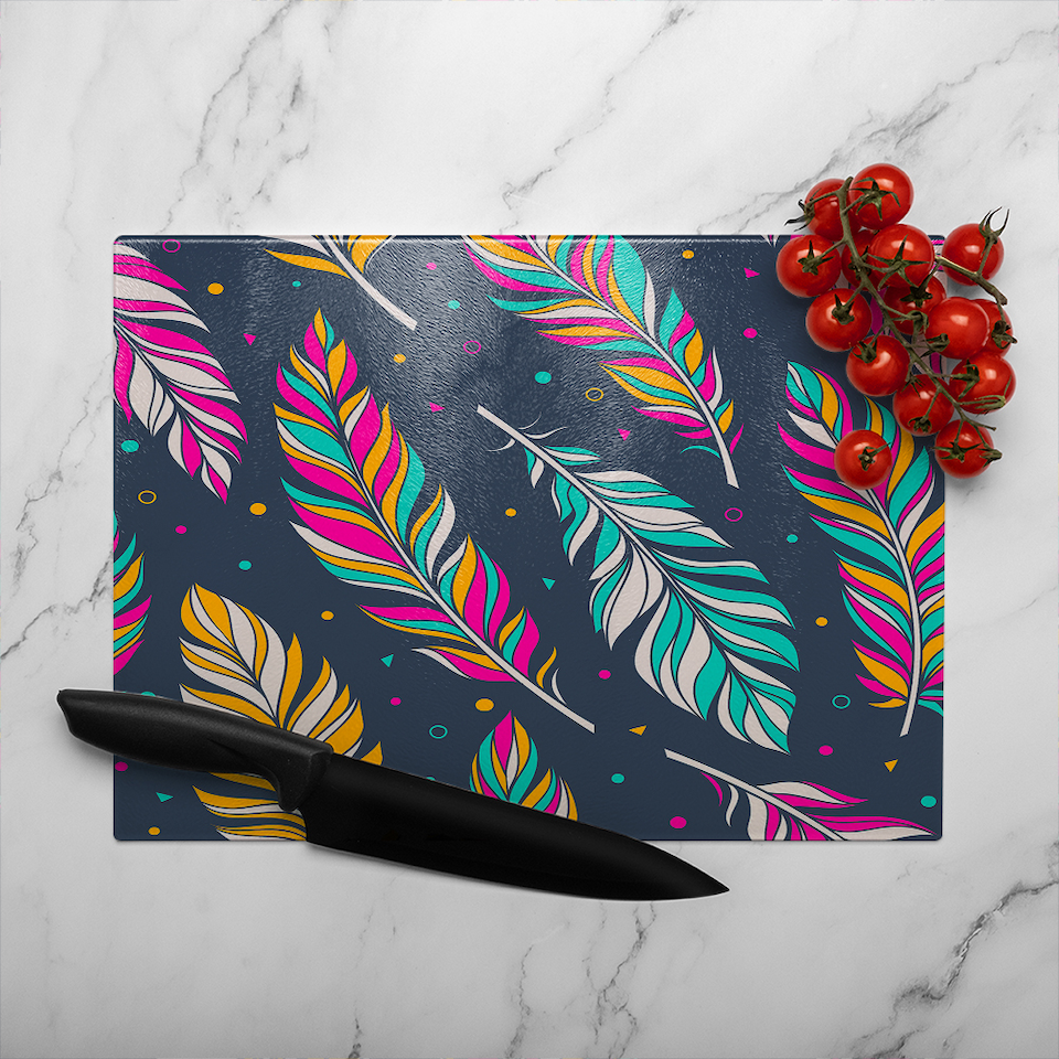 Retro Color Feathers Glass Chopping Board | Multi - Tesco Groceries