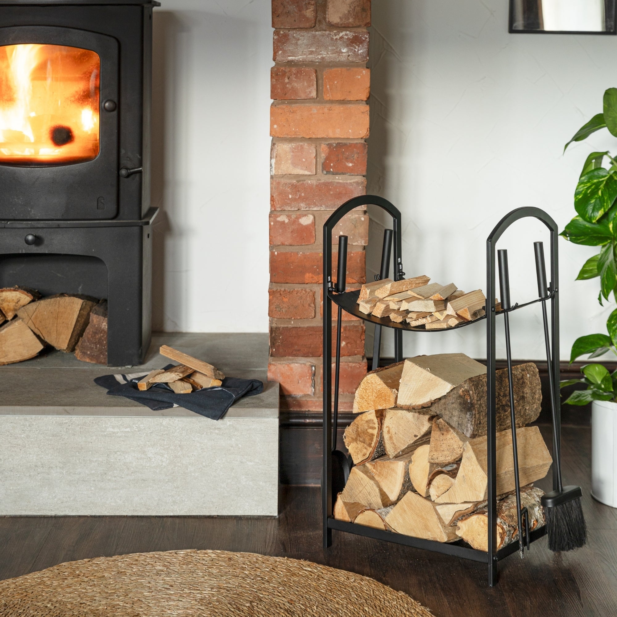 Curved Log Holder with Companion Set Black H71cm W39cm - Tesco Groceries
