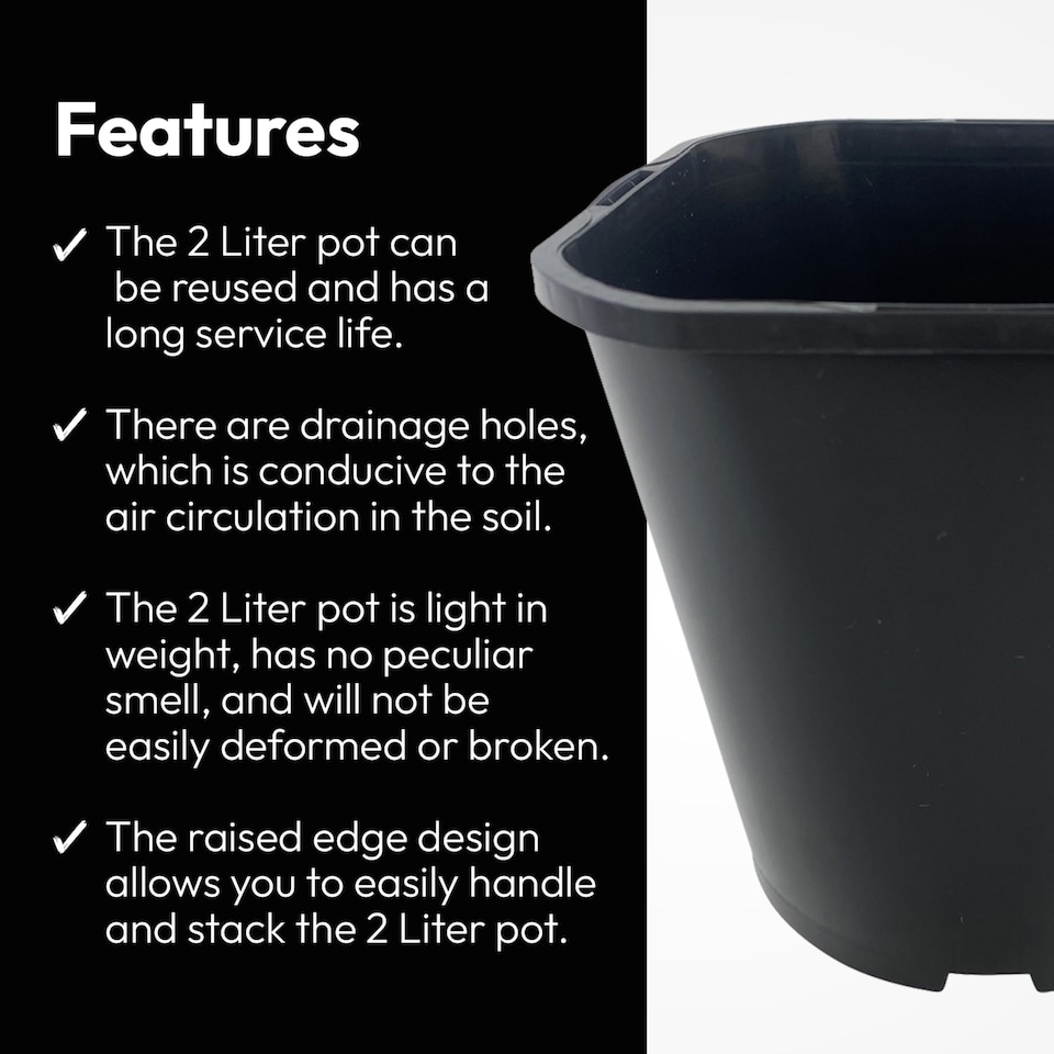 2 Litre Square Black Plant Pots, Strong Plastic Growing and Transplant ...