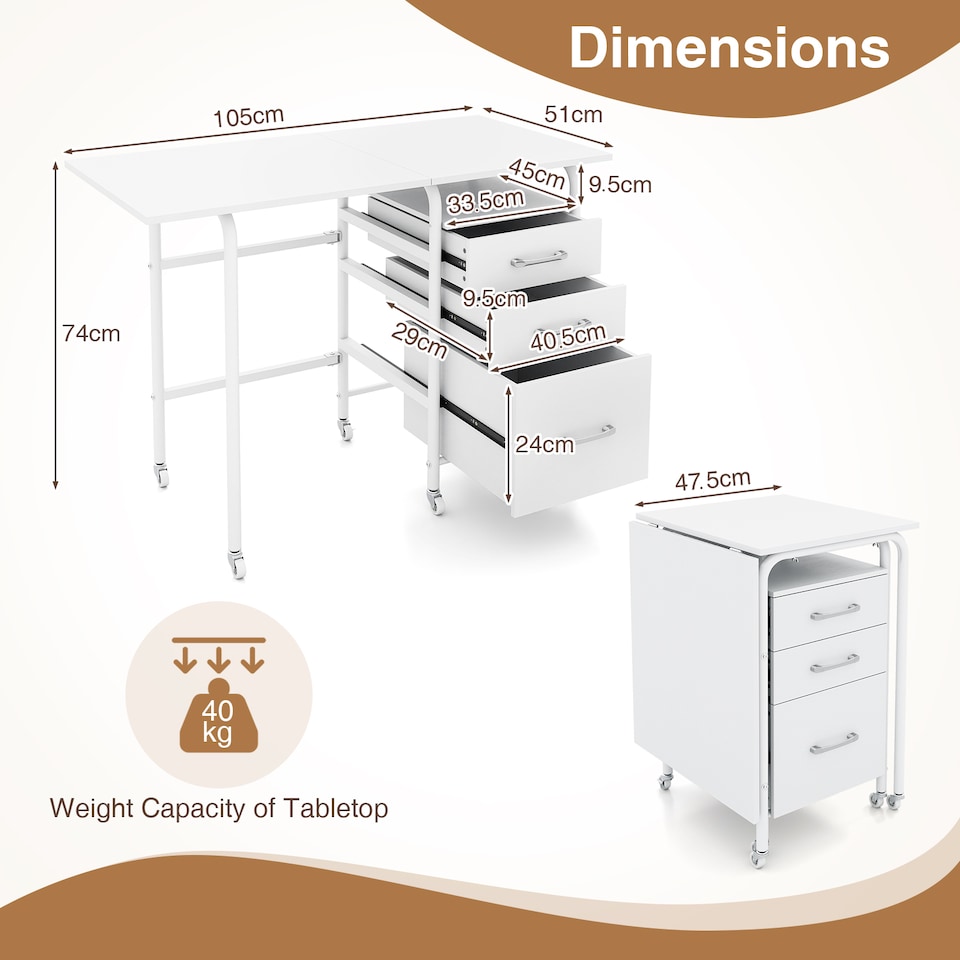 COSTWAY Folding Desk with 3 Drawers Convertible Computer Desk with ...