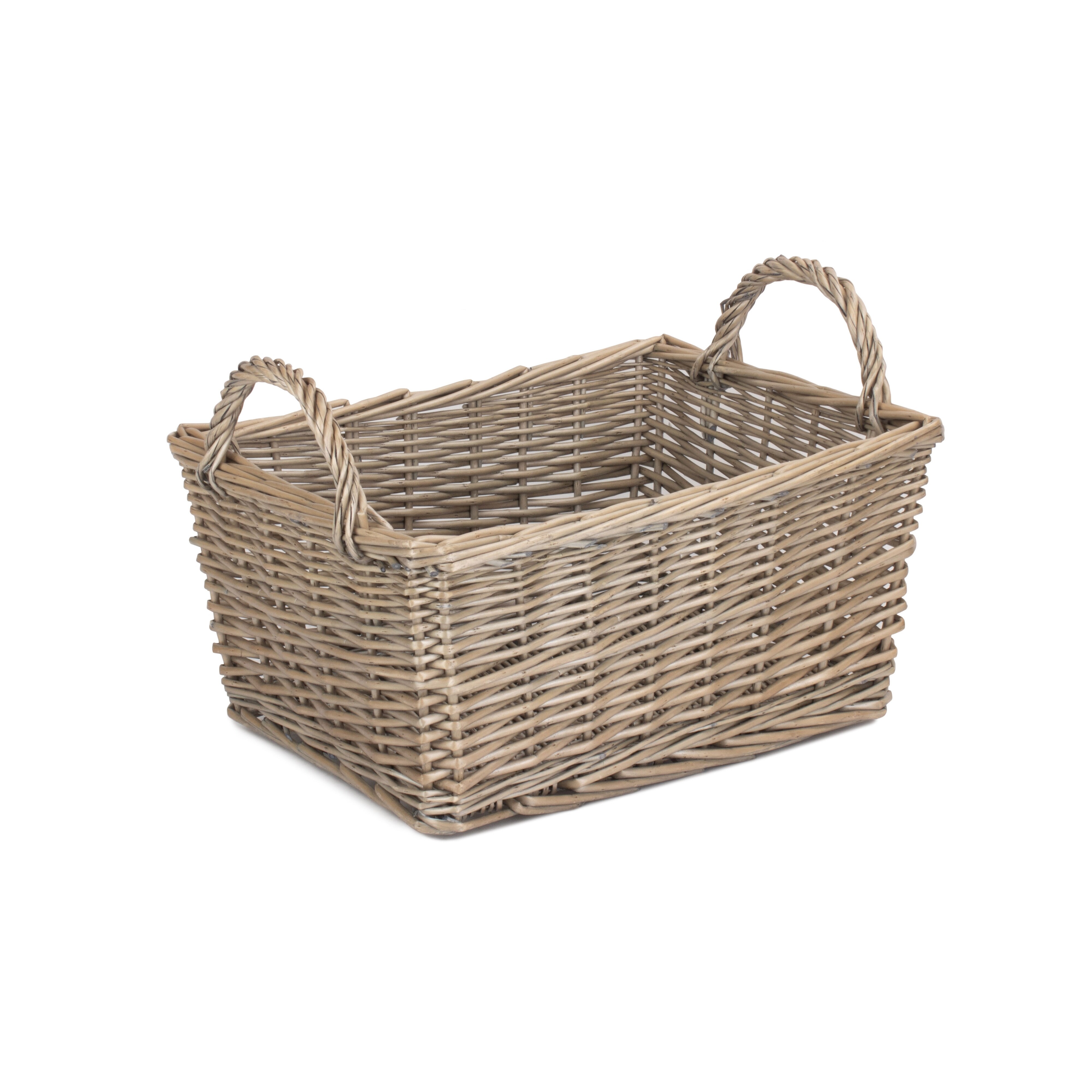 Large Antique Wash Finish Handled Unlined Storage Basket | Brown ...