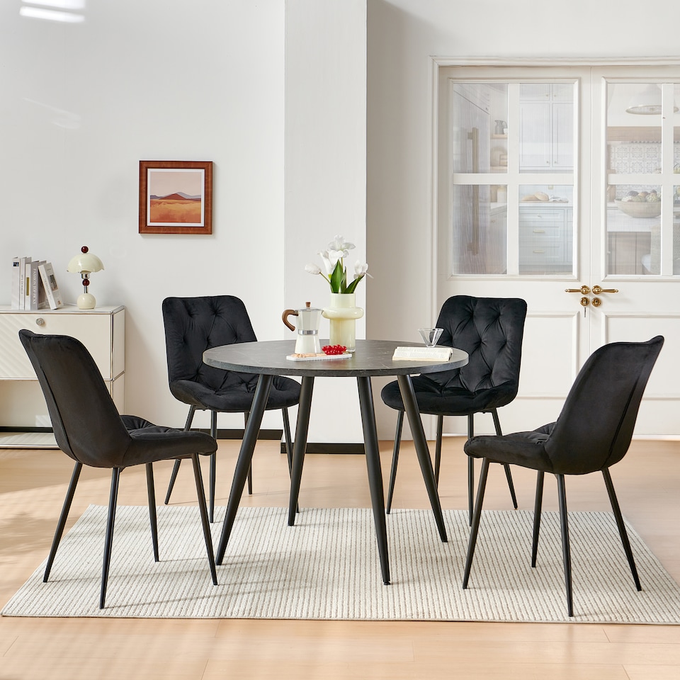 SONARA Black Marble Round Dining Table and Velvet Chairs Set, Modern 4 ...